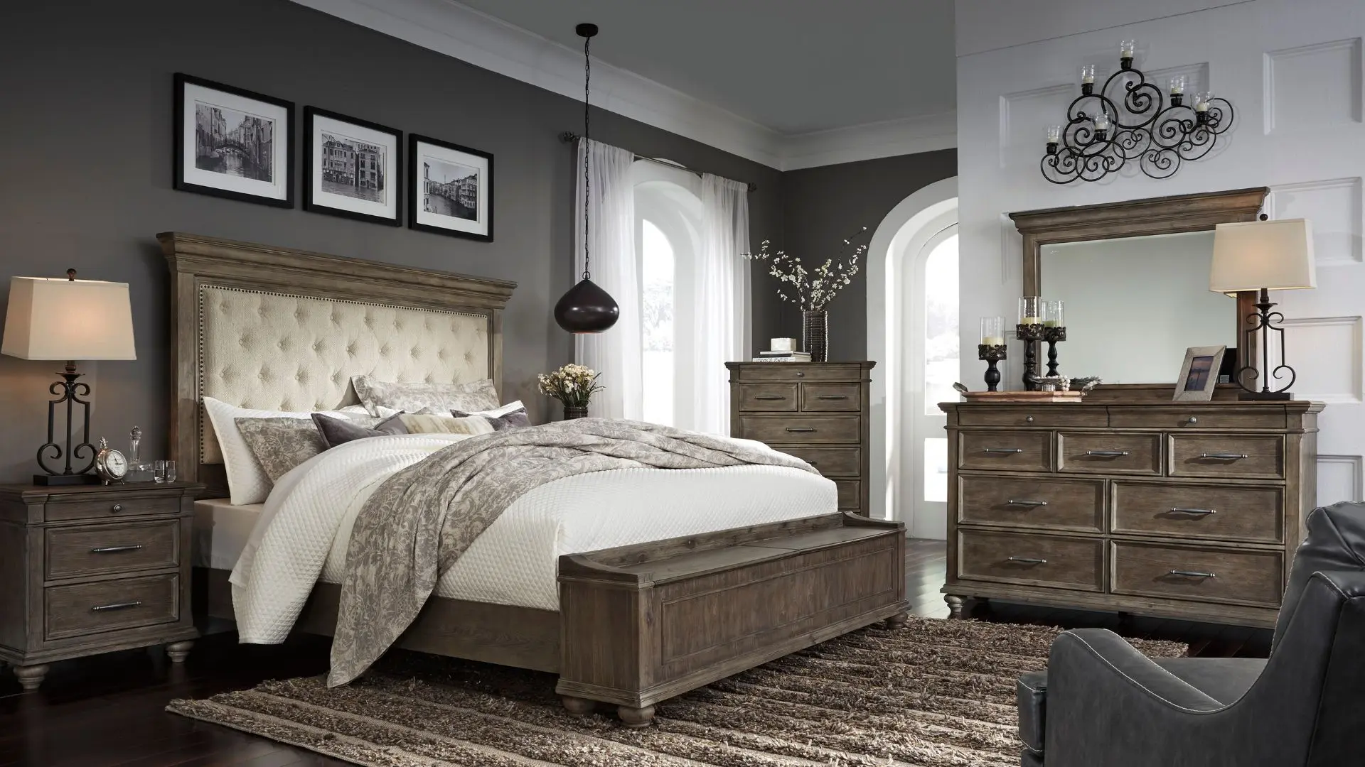JOHNELLE BEDROOM SUITE (BED + 2 NIGHTSTANDS + MIRRORED DRESSER + CHEST ...